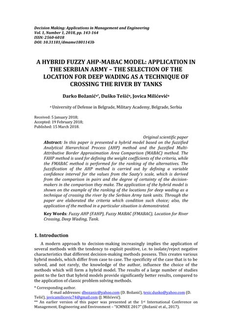 Pdf A Hybrid Fuzzy Ahp Mabac Model Application In The Serbian Army The Selection Of The