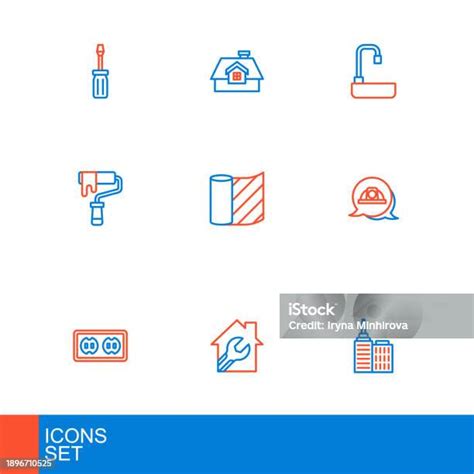 세트 라인 도시 풍경 렌치 스패너가 있는 집 전기 콘센트 작업자 안전 헬멧 페인트 롤러 브러시 벽지 세면기 및 아이콘 벡터 가정의 방에 대한 스톡 벡터 아트 및 기타 이미지