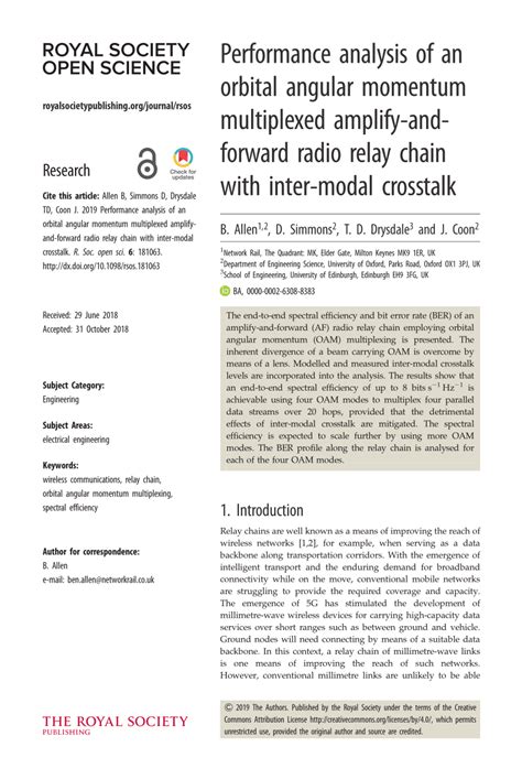 Pdf Performance Analysis Of An Orbital Angular Momentum Multiplexed Amplify And Forward Radio