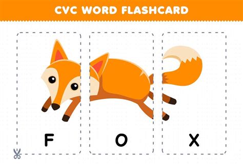귀여운 만화 Fox 그림 인쇄용 플래시 카드로 자음 모음 자음 단어를 배우는 어린이를 위한 교육 게임 프리미엄 벡터