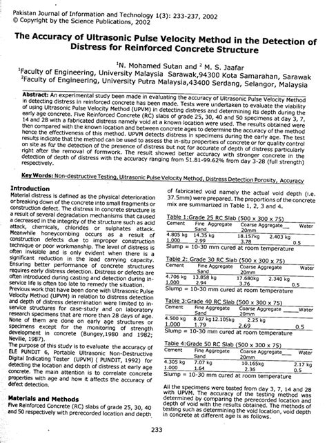 pdf the accuracy of ultrasonic pulse velocity method in the detection