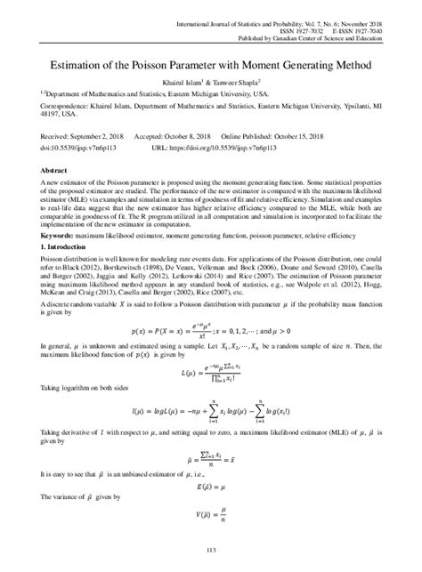 Pdf Estimation Of The Poisson Parameter With Moment Generating Method