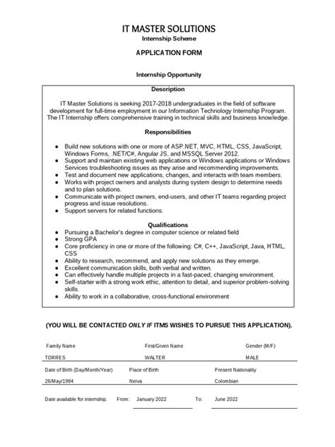 It Master Solutions Internship Application Form Seeking Software
