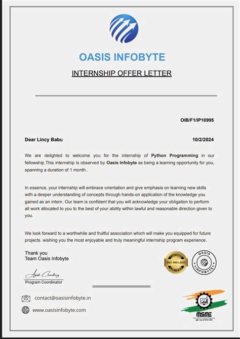 Excited To Announce That Ive Been Offered An Internship At Oasis Infobyte Lincy Babu