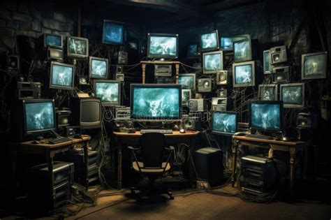 Old Vintage Computer Room In Dark Room Retro Style Toned Image Computer Monitors In A Room