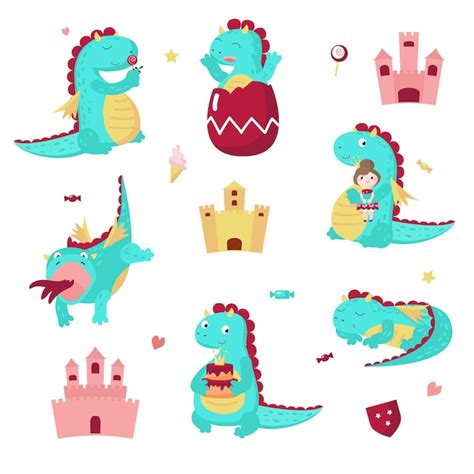 귀여운 용 아이콘 세트 벡터 격리 된 그림 프리미엄 벡터