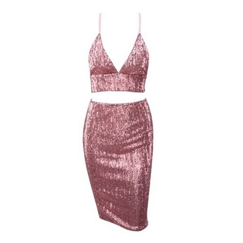 Hot Pink Sequin Spaghetti Strap Crop Top Bodycon Dress
