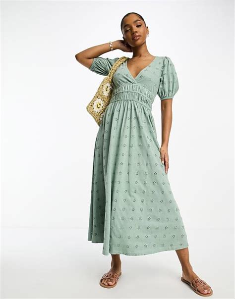 Asos Design Midi Teekleid In Salbeigrün Mit Lochstickerei Puffärmeln