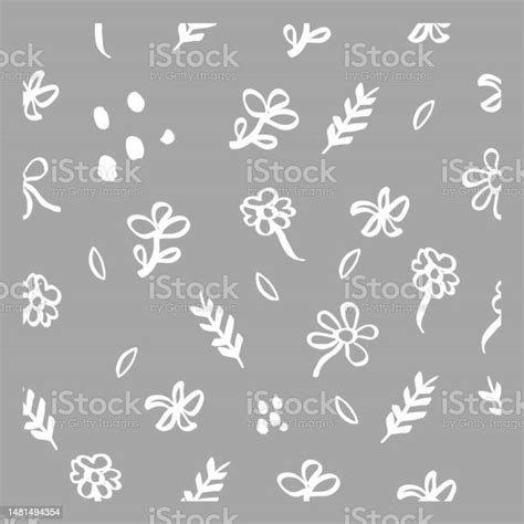 シームレスな灰色と白の背景にシンプルな落書きベクター画像の葉の花とドット いたずら書きのベクターアート素材や画像を多数ご用意