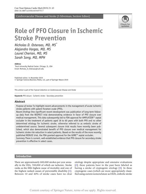 Role Of Pfo Closure In Ischemic Stroke Prevention Request Pdf