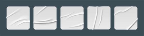 흰색 접착 스티커 구겨진 종이 패치 모형 둥근 모서리가 있는 정사각형 모양의 빈 축소 레이블 Ui 또는 Gui 요소 단추가 있는 주름진 엠블럼 현실적인 3d 벡터 세트