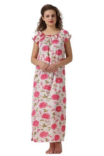 White And Pink 130gsm Cotovia Cotton Printed Night Gown Half Sleeve At