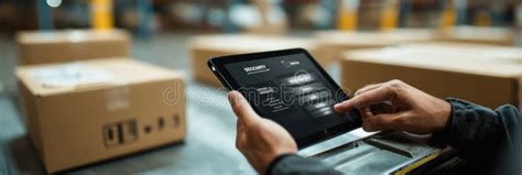 Secure Delivery Pin Code Entry On Tablet In A Warehouse Setting With Well Organized Packages