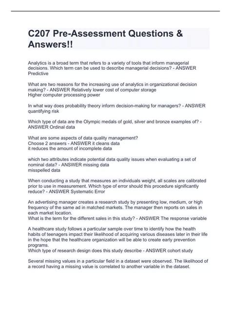 WGU C207 Pre Assessmen Multi Choice Version Data Driven Decision Making PVPC WGU C207