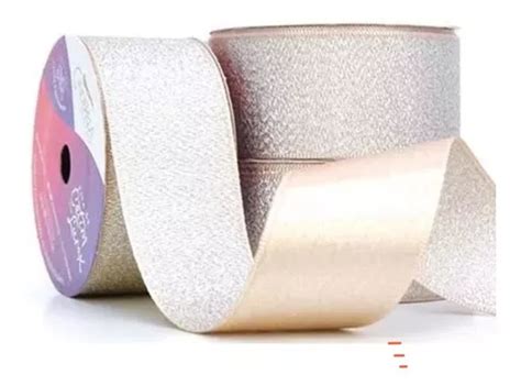 Rolo Fita De Cetim Lurex Brilho 38mm 10 Metros P Laços Arte Cor Champagne