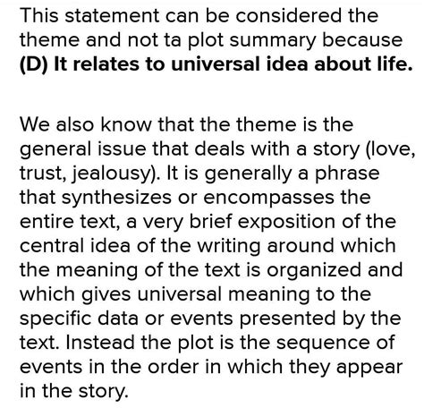 Why Is This Statement Considred A Theme And Not A Plot Summary Brainly In