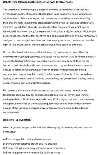 Answered Which Argument Supports The Notion Of Allowing Big Businesses To Lower Their Tax