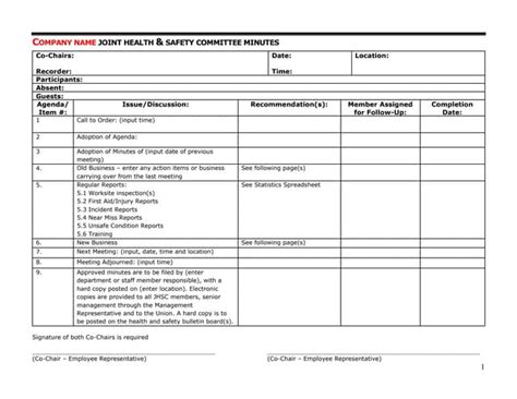 Jhsc Minutes Template For Fire And Safety Committee Meetings Ppt
