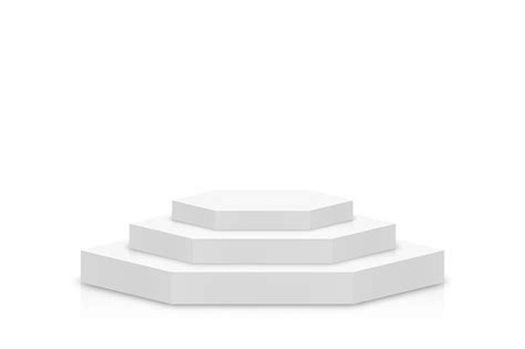 육각형 모양의 흰색 3d 포디움 모형 흰색 배경에 격리 된 빈 무대 또는 받침대 모형 시상식 및 제품 프레젠테이션을 위한 연단 또는 플랫폼 육각형에 대한 스톡 벡터 아트 및