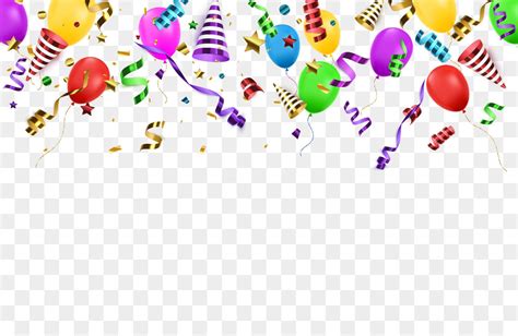 Happy Birthday Banner With Color Balloons And Confetti On Blue