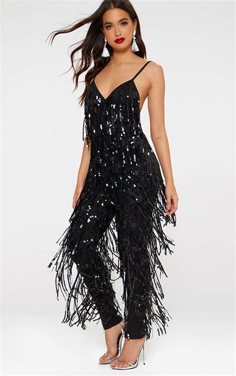 Black Tassel Sequin Jumpsuit Prettylittlething Usa