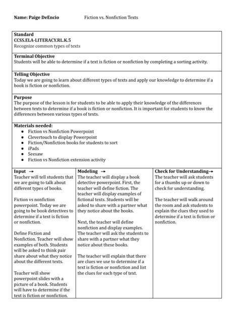 fiction vs nonfiction lesson plan pdf teachers differentiated