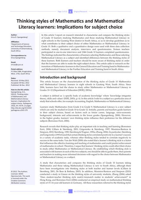 Pdf Thinking Styles Of Mathematics And Mathematical Literacy Learners Implications For