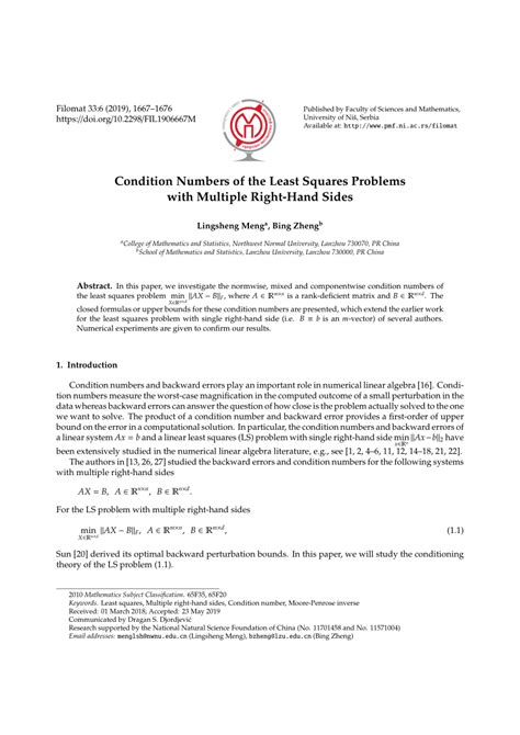 Pdf Condition Numbers Of The Least Squares Problems With Multiple