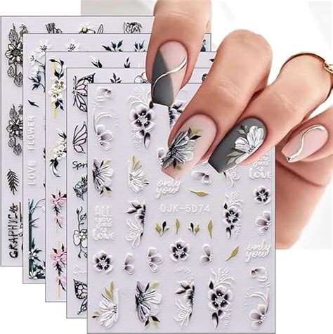 Jmeowio 6 Sheets 3d Embossed Spring Flower Nail Art Stickers Decals