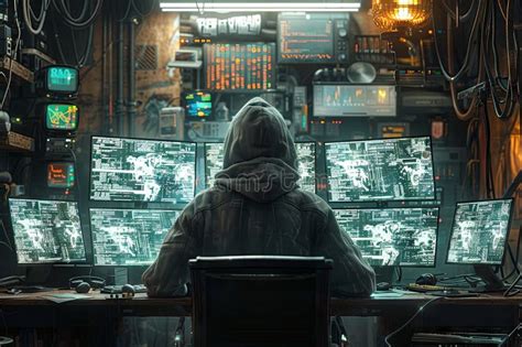 A Hacker In The Hood Is Sitting At His Desk And Looks Into Three Monitors On Which He Sees