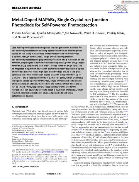 Pdf Metal‐doped Mapbbr3 Single Crystal P‐n Junction Photodiode For Self‐powered Photodetection