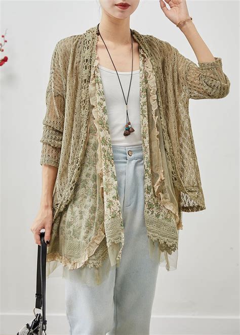 Elegant Green Ruffled Patchwork Hollow Out Lace Cardigans Fall Fall