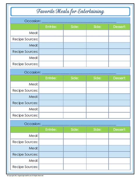 Days Of Home Management Binder Printables Day Favorite Meals For Entertaining
