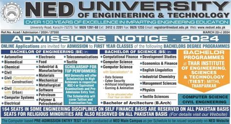 NED University BS Admission For Session 2024