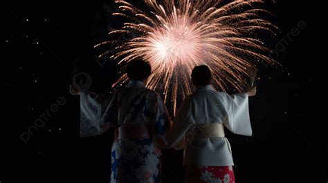 불꽃놀이 앞에서 전통 기모노를 입은 두 소녀 유카타를 입고 불꽃 놀이를하는 커플 고화질 사진 사진 불꽃 배경 일러스트 및 사진 무료 다운로드 Pngtree