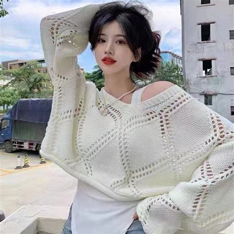 Hollow Out Rhombus V Neck Long Sleeved Knitted Sweater Womens Autumn