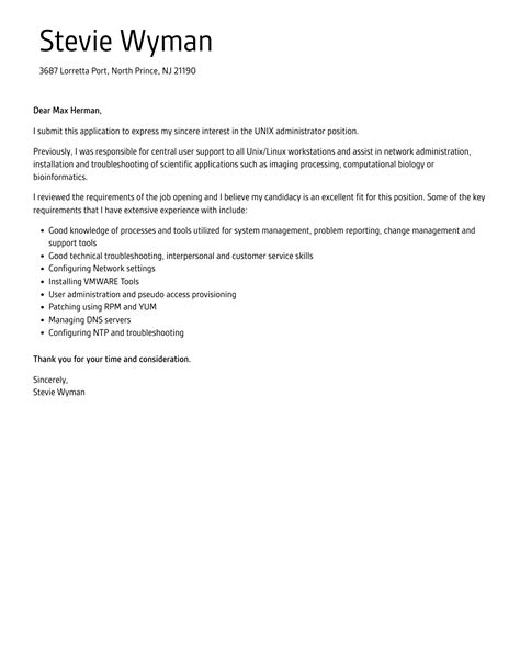 UNIX Administrator Cover Letter Velvet Jobs
