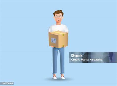 3d 문자 손에 골판지 상자를 들고 있는 청년 상품 및 서비스의 배송 택배 회사 빠른 메일 배달의 개념 벡터 3d 비즈니스