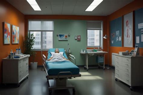 A Hospital Room With A Woman Lying In A Hospital Bed Premium Ai
