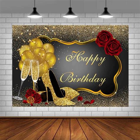 Happy Birthday Backdrop Glitter Gold Red Rose Floral Golden Balloons H