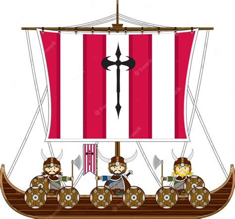 Longboat 노르웨이 역사 그림에 귀여운 만화 바이킹 전사 프리미엄 벡터