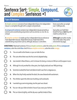 4th Grade Simple Compound And Complex Sentences Worksheets