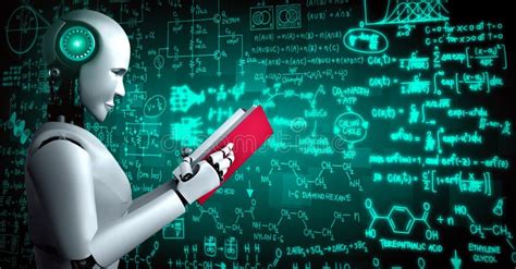 3d Rendering Of Robot Hominoid Reading Book And Solving Math Stock