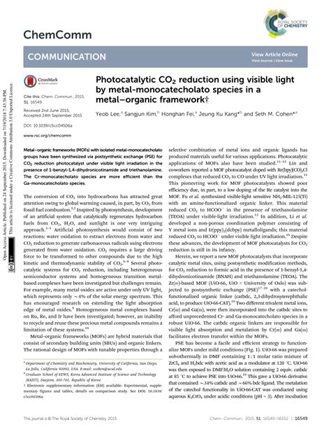 Pdf Photocatalytic Co2 Reduction Using Visible Light By Metal