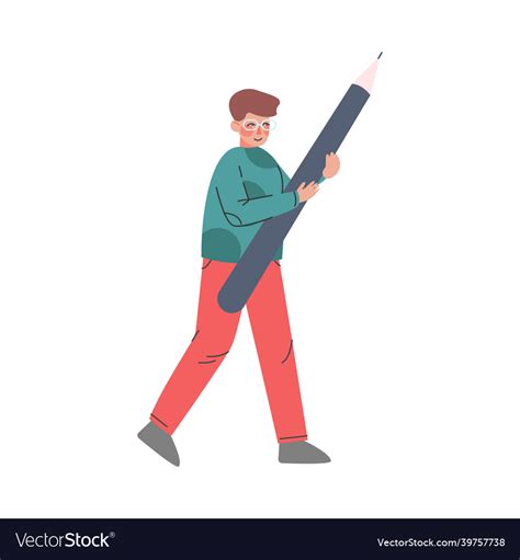 Man Holding Huge Pencil As Stationery Writing Tool