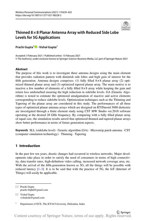 Thinned 8 × 8 Planar Antenna Array With Reduced Side Lobe Levels For 5g Applications Request Pdf