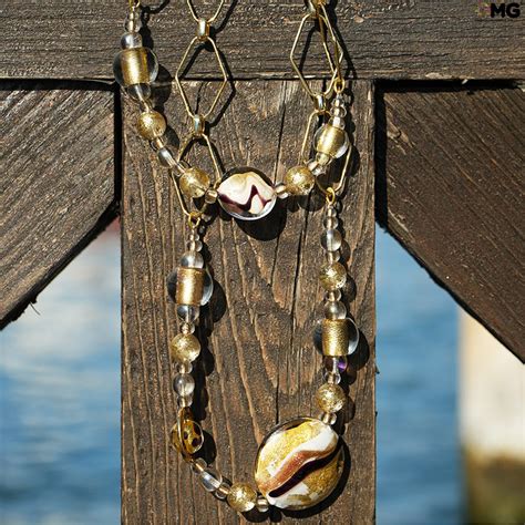 Long Necklace Roma With Gold And Aventurina Original Murano Glass Omg