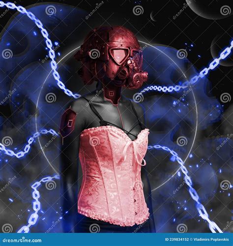 Black Woman In Cyberpunk Style Dressed In Corset And Gas Mask Stock