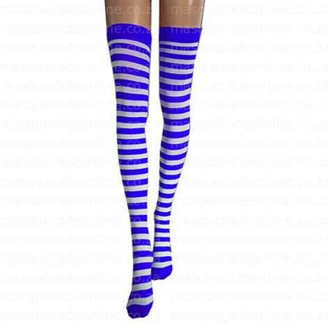 Blue And White Stripe Thigh High Stockings Masquerade Costume Hire