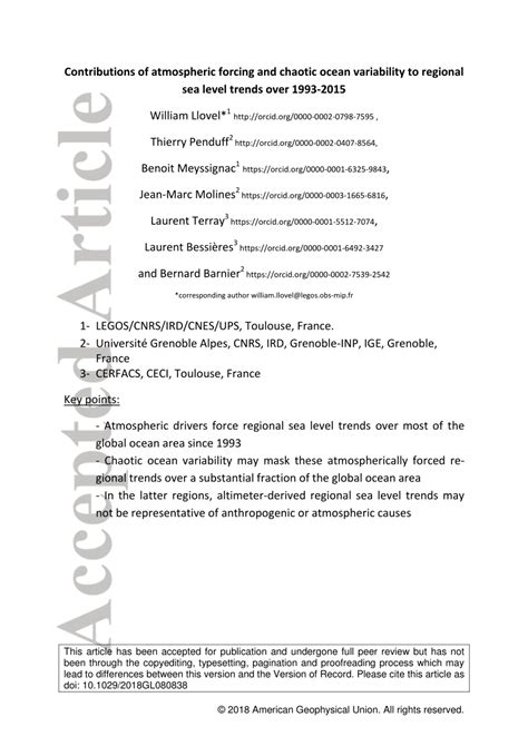 Pdf Contributions Of Atmospheric Forcing And Chaotic Ocean Variability To Regional Sea Level
